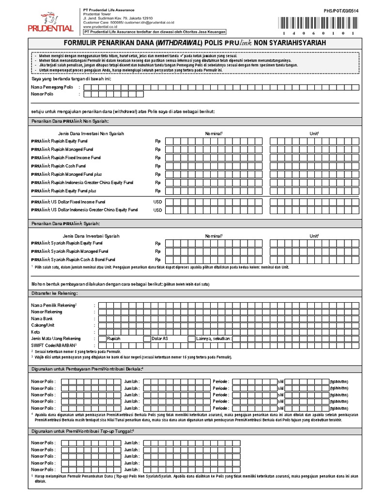 Formulir Penarikan Dana Withdrawal Polis PRUlink Non Syariah Atau ...