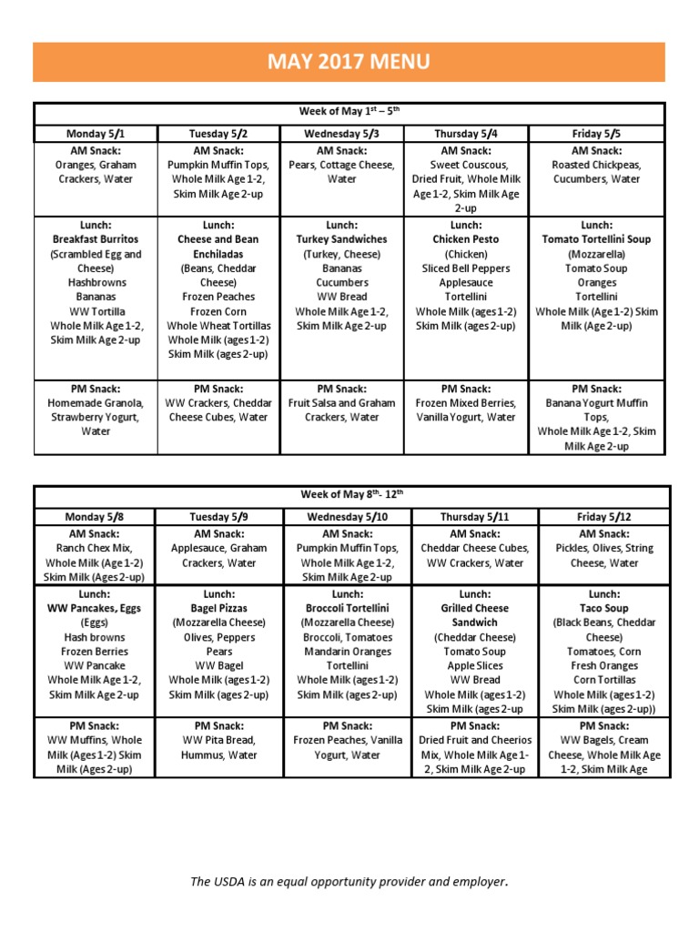 May 2017 Menu: The USDA Is An Equal Opportunity Provider and Employer ...