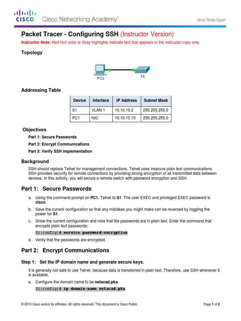 2.2.1.4 Packet Tracer - Configuring SSH Instruction - IG PDF | PDF | Secure Shell | Password