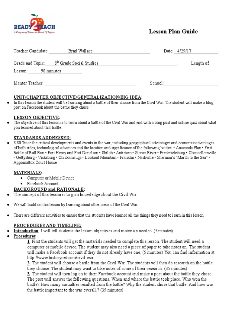 Civil War Battle Blog Lesson Plan | PDF | American Civil War | Lesson Plan
