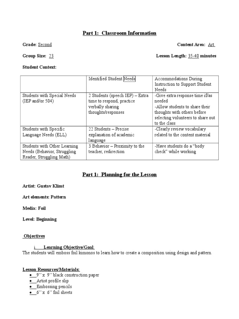 Gustav Klimt Lesson Plan | PDF | Individualized Education Program ...