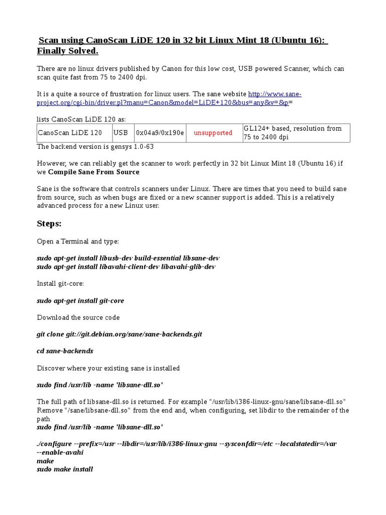 Canon LiDE 120 Scanner Setup on Linux | PDF | Sudo | Image Scanner