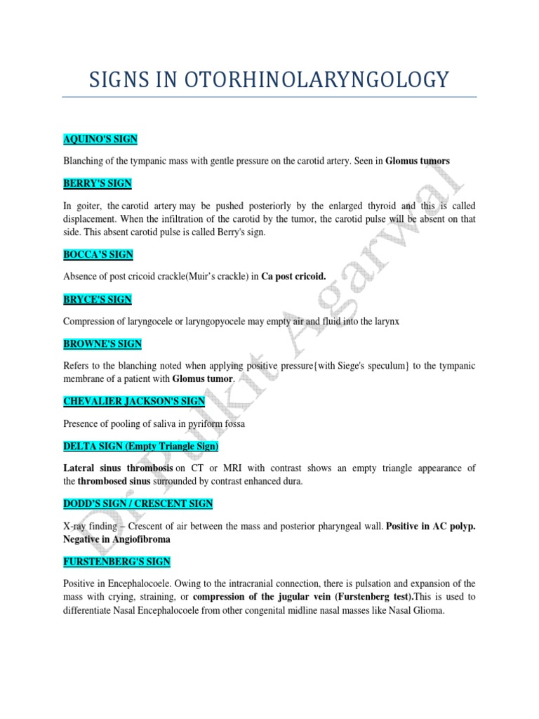 Signs in Otorhinolaryngology | PDF | Common Carotid Artery | Ear