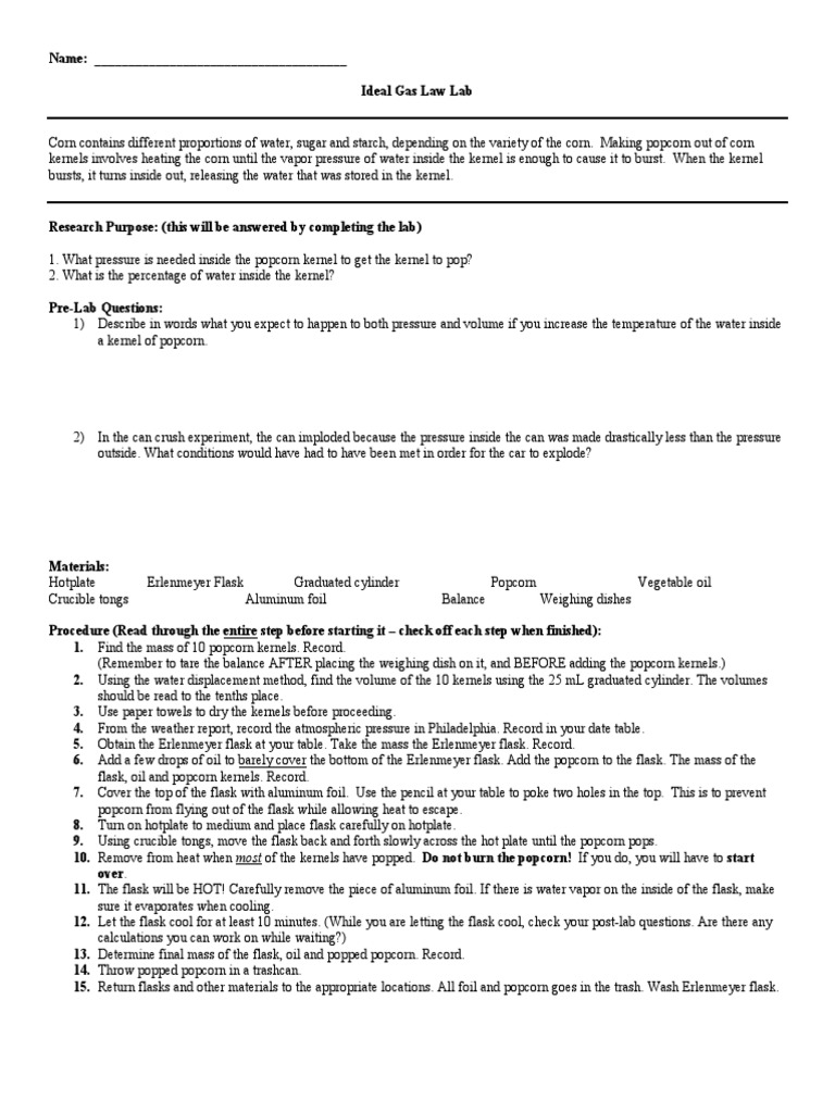 Popcorn Lab Ideal Gas Law | Download Free PDF | Popcorn | Gases