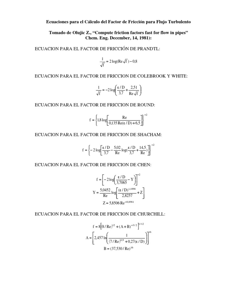Ecuaciones para Calculo de Friccion de Flujo Turbulento | PDF