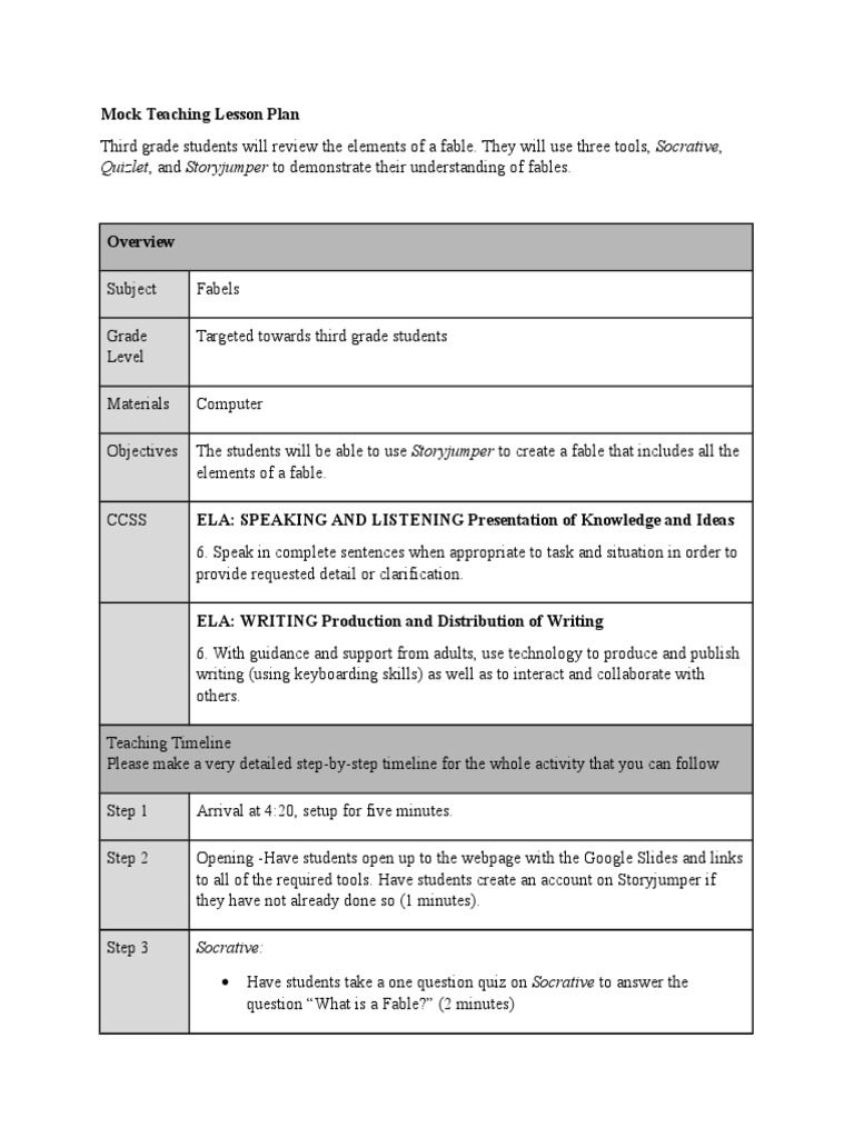Mock Teaching Lesson Plan | PDF | Fable | Lesson Plan