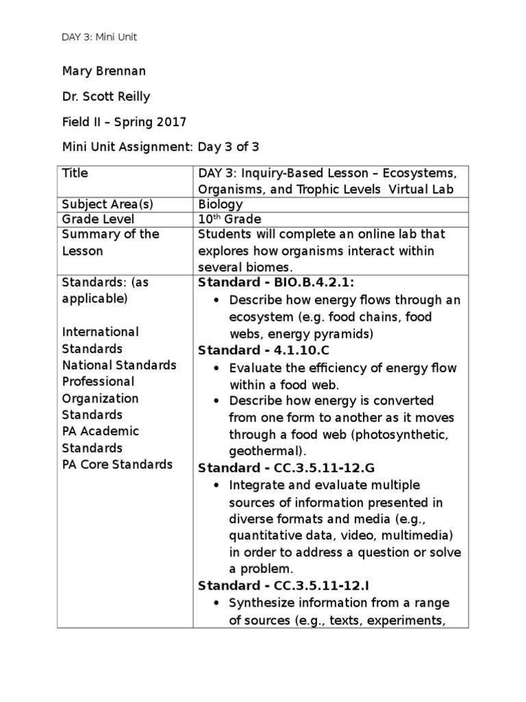 Day 3 - Discovery or Inquiry Based Lesson - Food Webs - Field II Spring ...