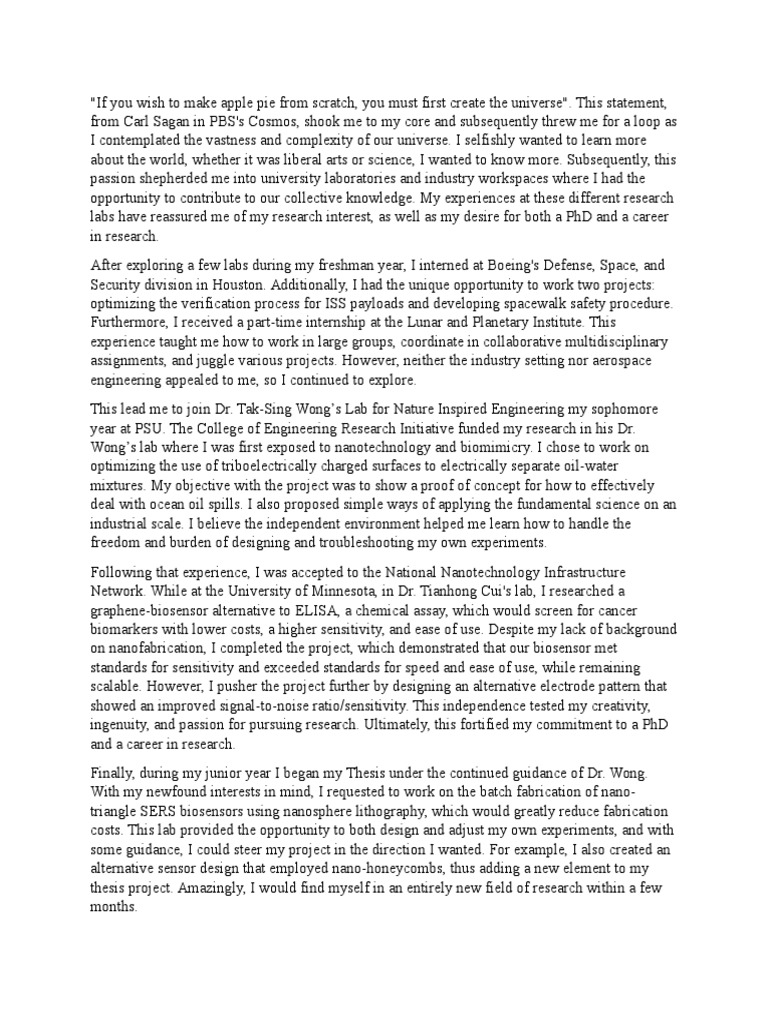 Johns Hopkins (Chemical Engineering) Personal Statement ...