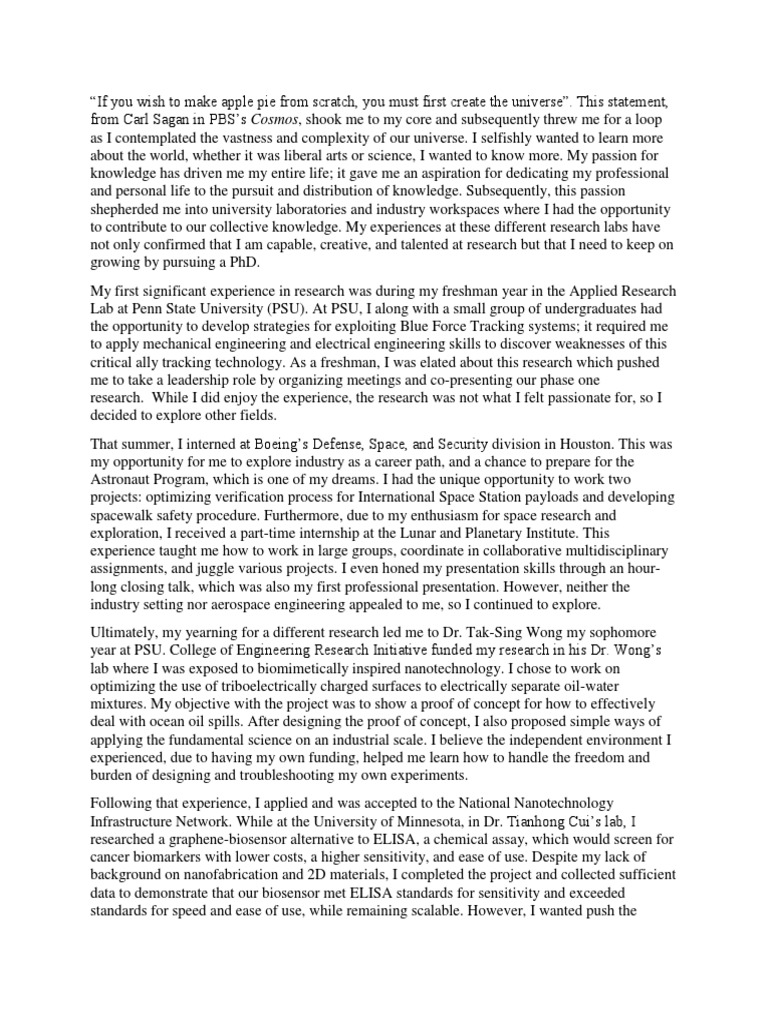 Stanford (Biophysics) Personal Statement | PDF | Nanotechnology | Biosensor