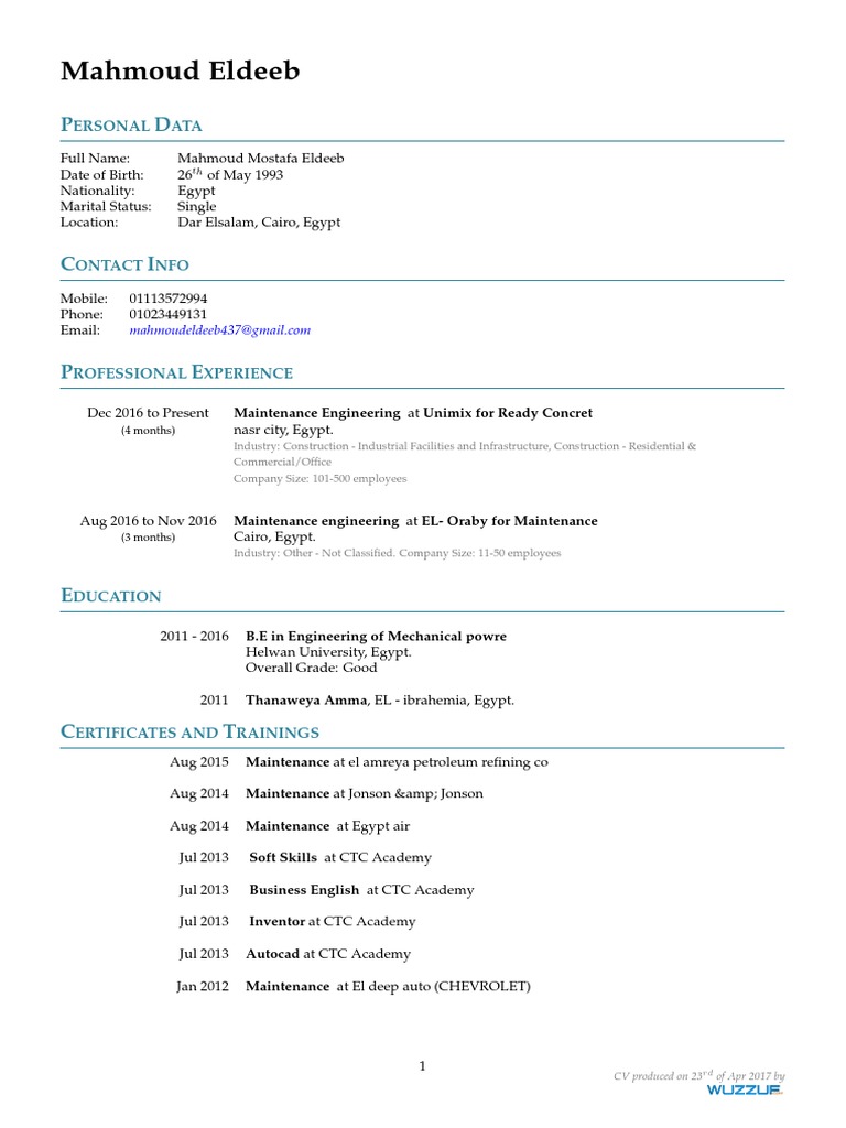 Engineering CV: Mahmoud Eldeeb | PDF | Career & Growth | Technology & Engineering
