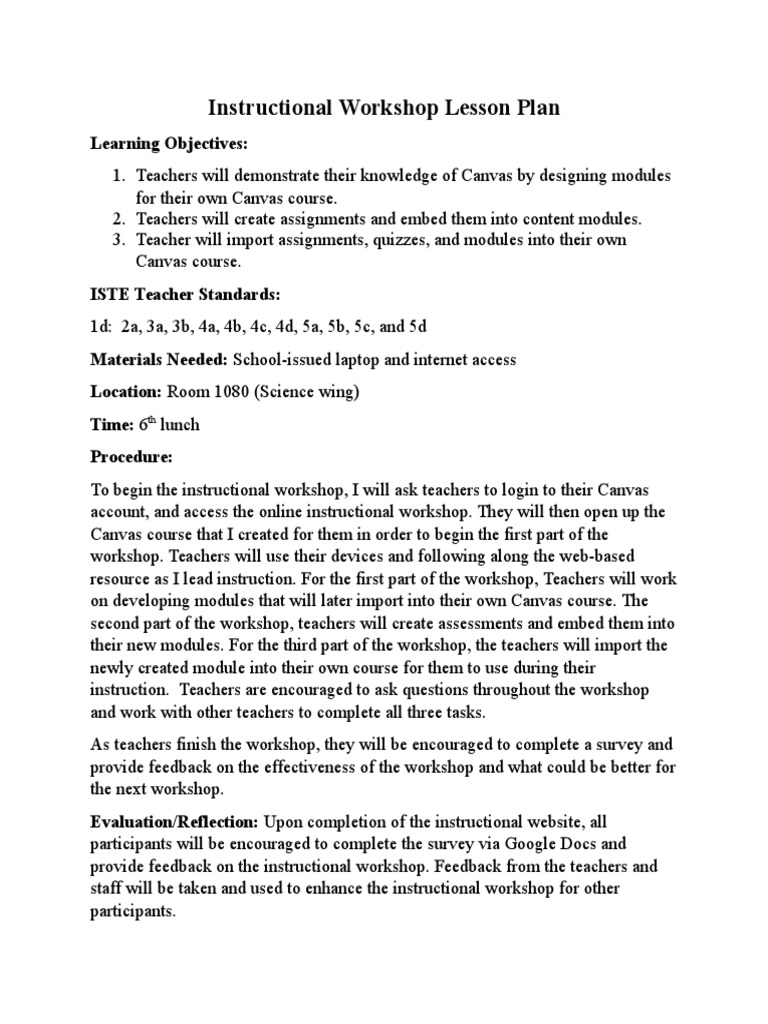 Instructional Workshop Lesson Plan | PDF | Lesson Plan | Pedagogy