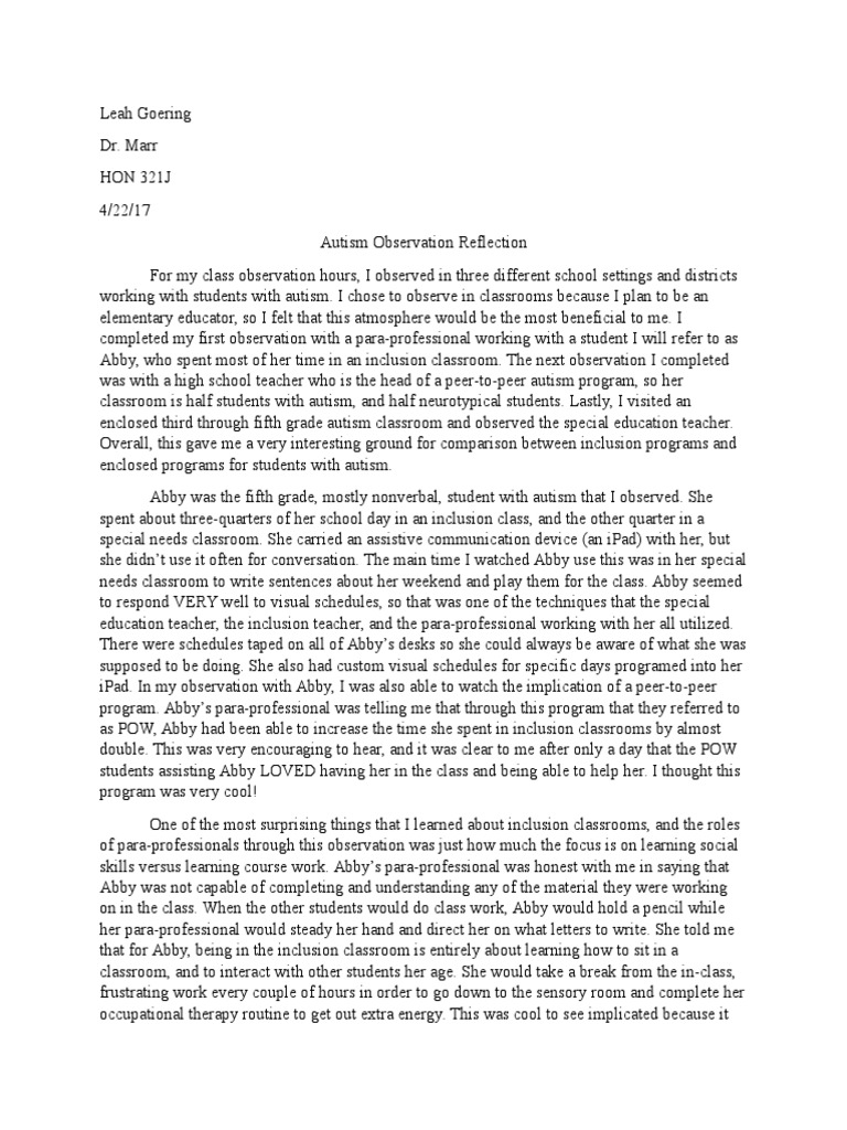 autism observation reflection | Classroom | Special Education