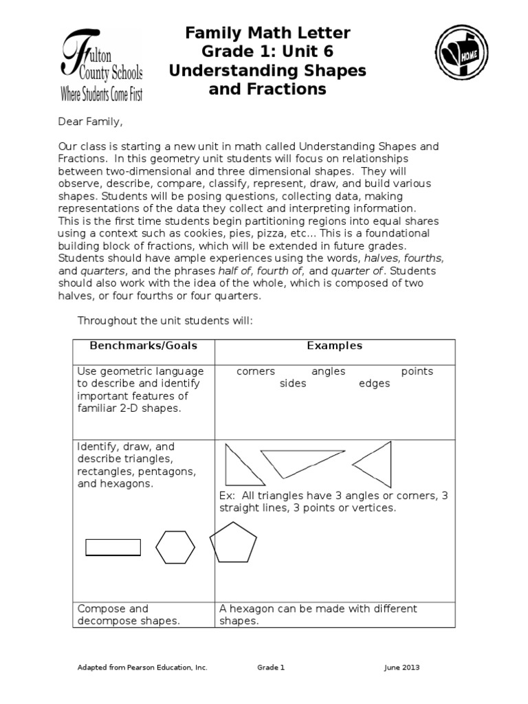 Family Math Letter Grade 1: Unit 6 Understanding Shapes and Fractions ...