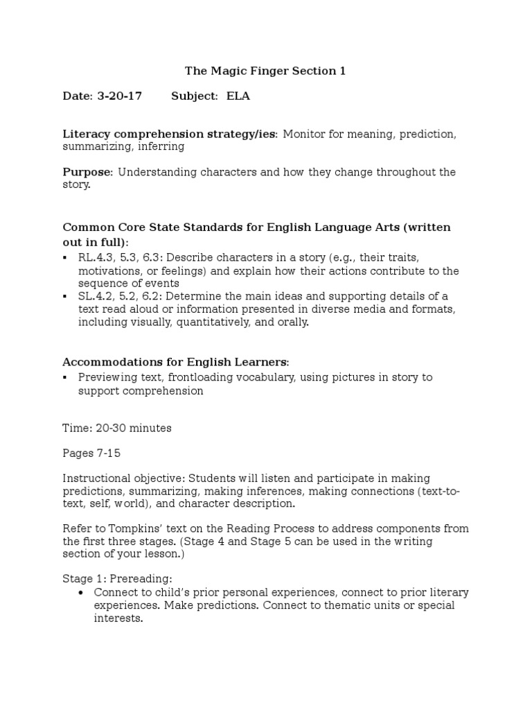 The Magic Finger: Comprehension Guide | PDF | Reading Comprehension ...