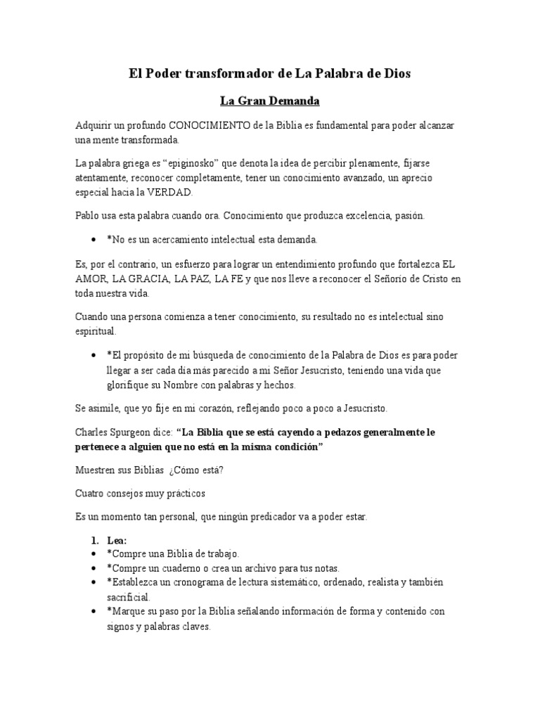 El Poder Transformador de La Palabra de Dios 17-08-2014 | PDF | Biblia ...