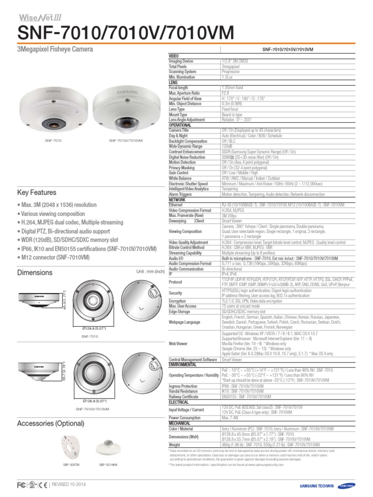SNF-7010/7010V/7010VM Camera Specs | PDF
