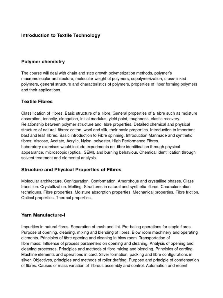 Introduction To Textile Technology | PDF | Fibers | Polymers