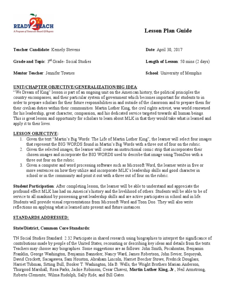 3rd Grade MLK Social Studies Lesson Plan | PDF | Martin Luther King Jr ...