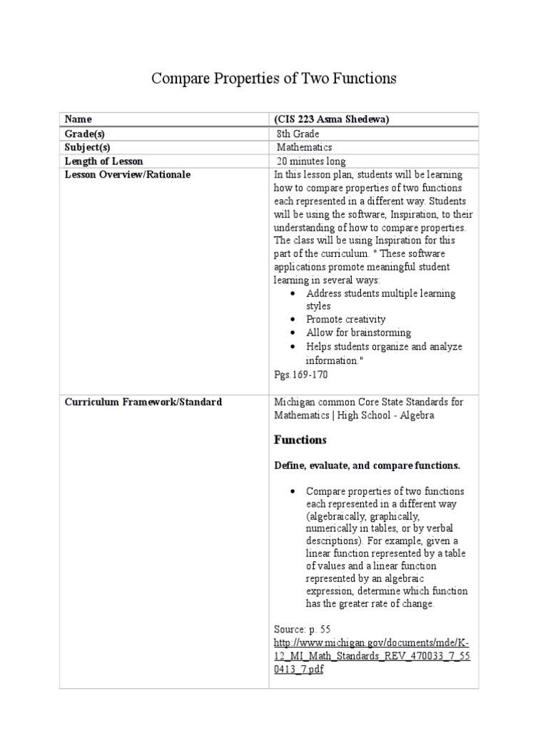 Comparing Function Properties with Inspiration | PDF | Lesson Plan ...