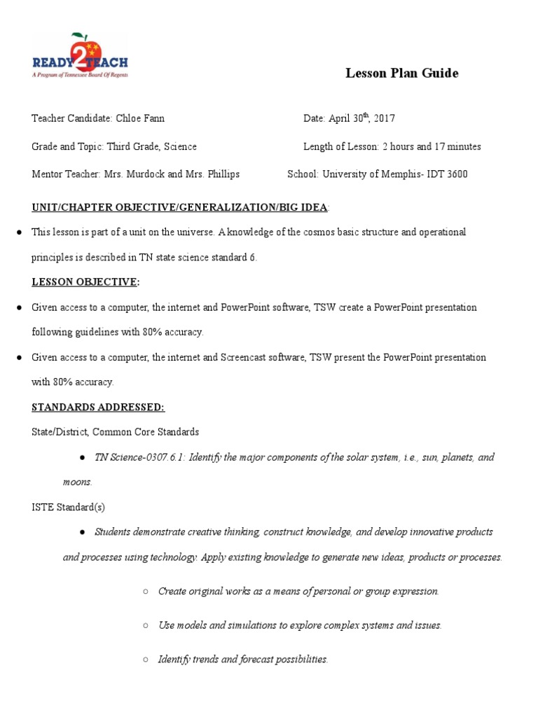 Lesson Plan Guide: Unit/Chapter Objective/Generalization/Big Idea | PDF ...