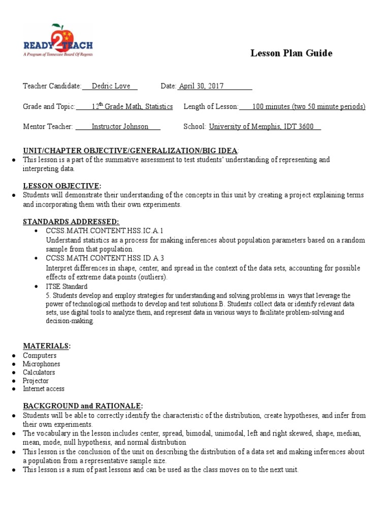 Lesson Plan Guide: Unit/Chapter Objective/Generalization/Big Idea | PDF ...