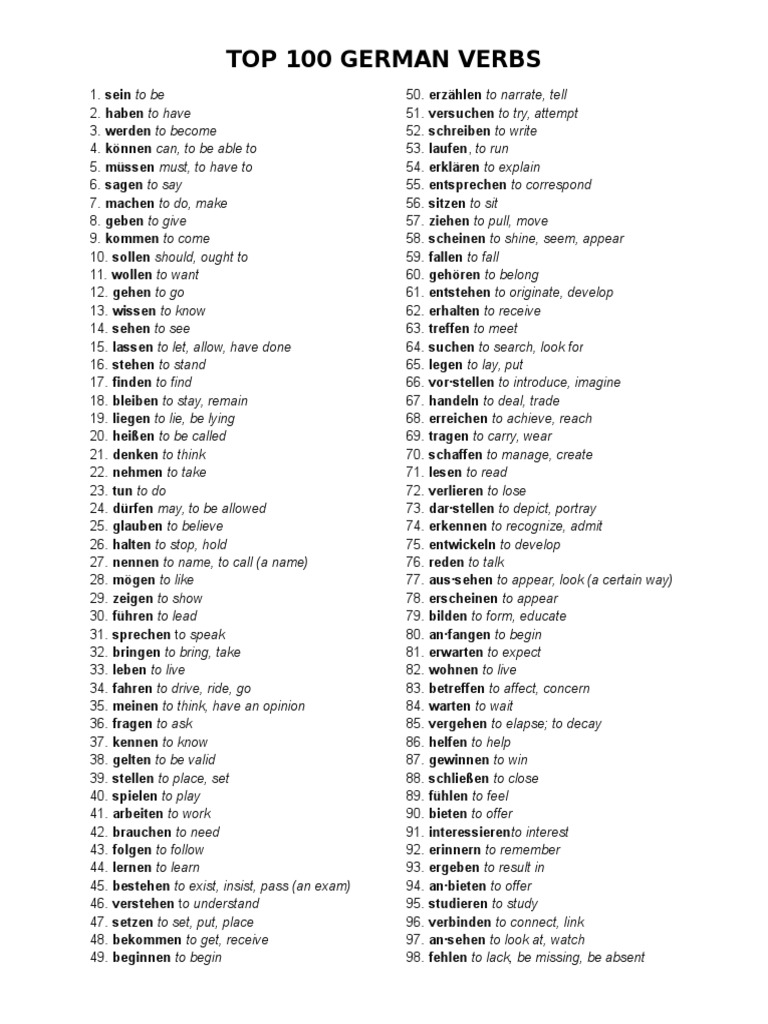 Top 100 Essential German Verbs | PDF | Self-Improvement