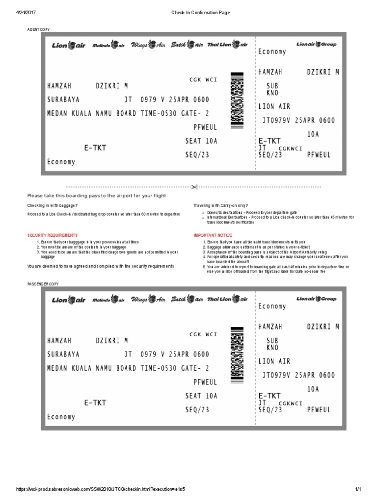 Check-In Confirmation Page | PDF