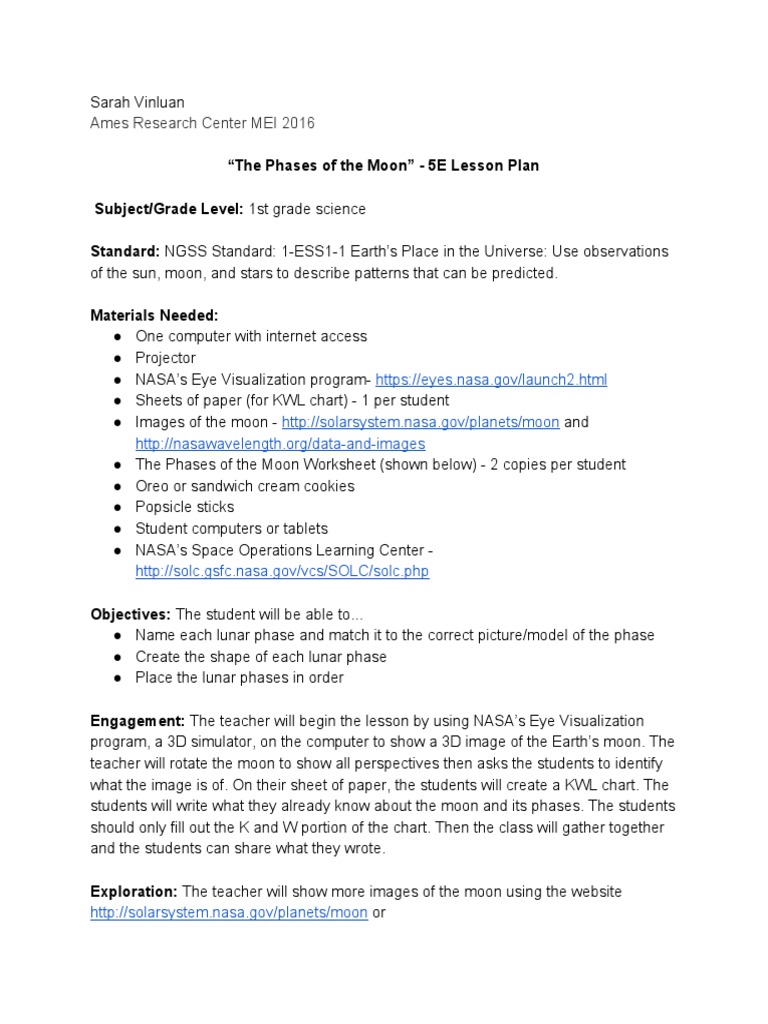 "The Phases of The Moon" - 5E Lesson Plan Subject/Grade Level: Standard ...
