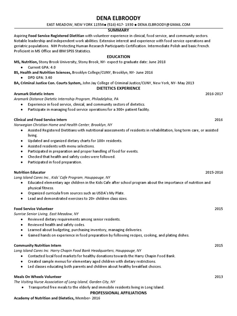 aramark e-portfolio resume- dena elbroody | Dietitian | Health Care ...