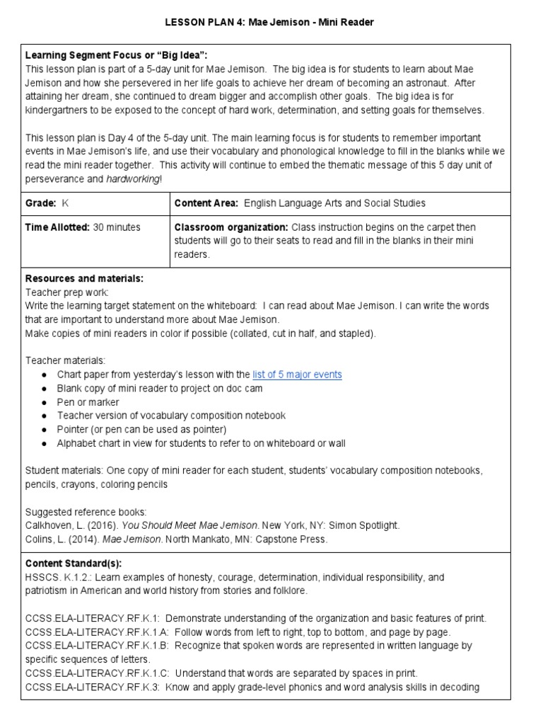 LESSON PLAN 4: Mae Jemison - Mini Reader: List of 5 Major Events | PDF ...