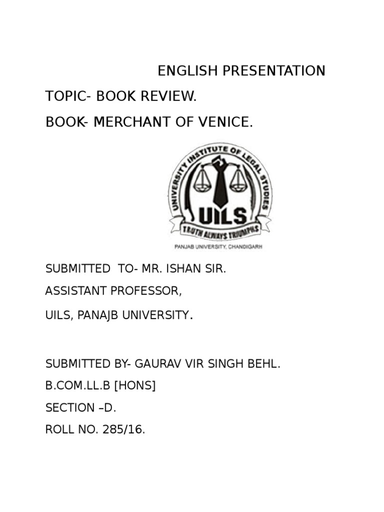 English Presentation Topic-Book Review. Book - Merchant of Venice | PDF