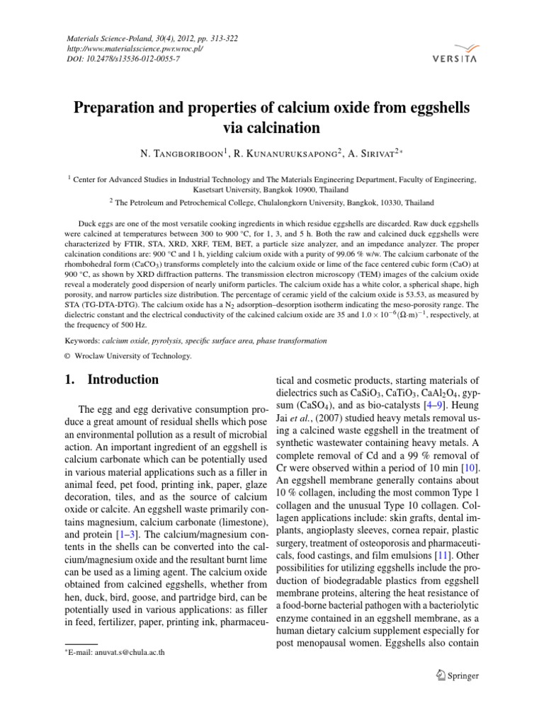 Preparation and Properties of Calcium Oxide From Eggshells Via ...