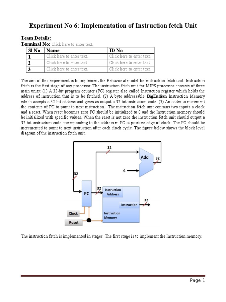 Experiment No 6: Implementation of Instruction Fetch Unit: Team Details ...