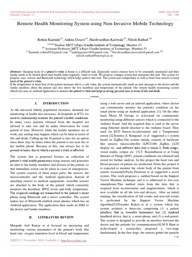 Remote Health Monitoring System Using Non-Invasive Mobile Technology | PDF