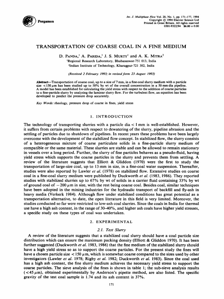 Transportation of Coarse Coal in A Fine Medium | PDF | Fluid Dynamics ...