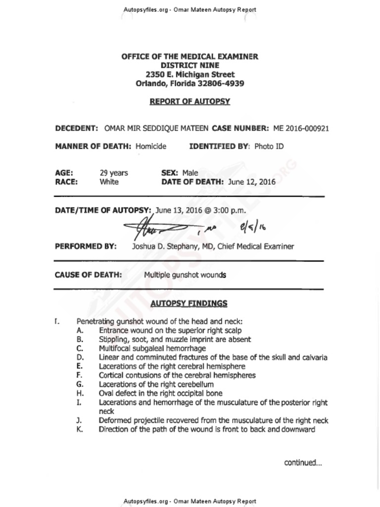 Mateen, Omar Autopsy Report | PDF