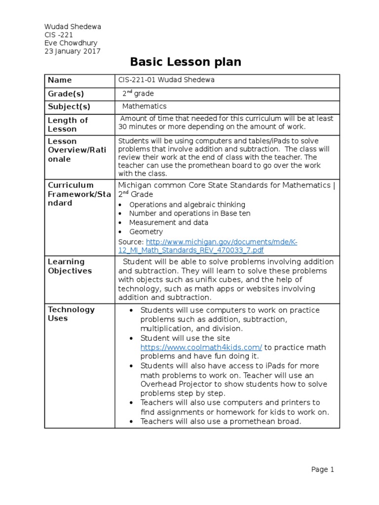 Basic Lesson Plan: Name Grade(s) Subject(s) Length of Lesson Lesson ...