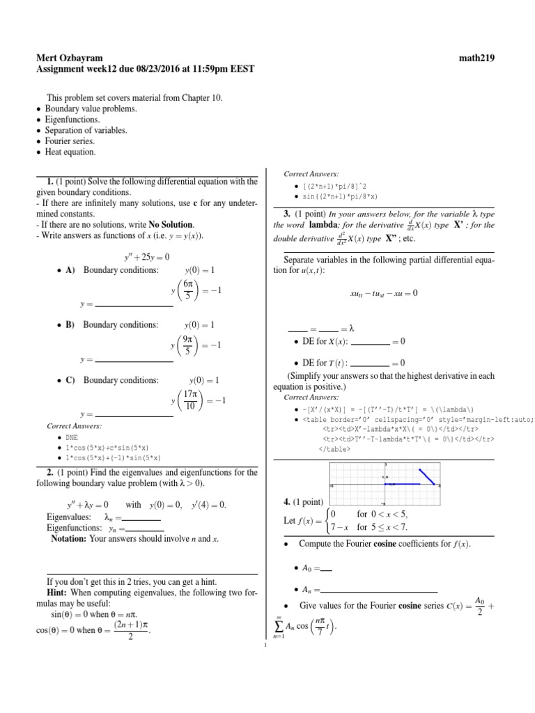Mert Ozbayram Math219 Assignment Week12 Due 08/23/2016 at 11:59pm EEST | PDF | Partial ...