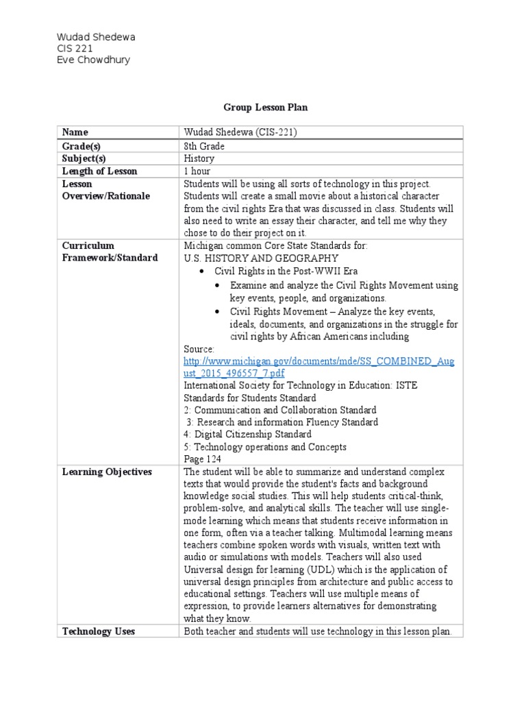 Group Lesson Plan Name Grade(s) Subject(s) Length of Lesson Lesson ...
