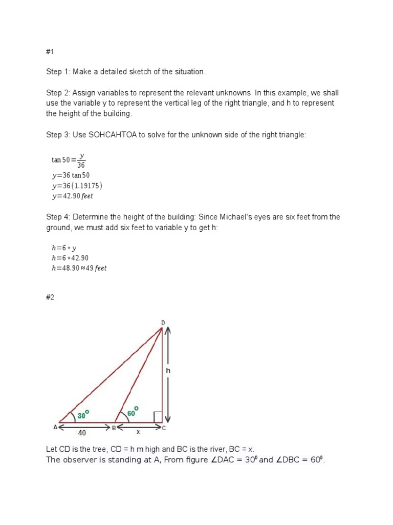 Y 36 Tan50 y 36 (1.19175) y 42.90 Feet | PDF | Trigonometric Functions ...