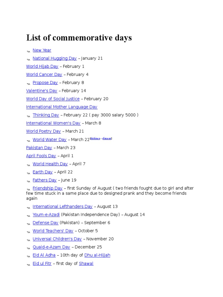 Global Commemorative Days List | PDF