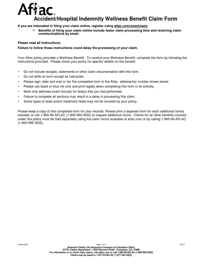 Accident/Hospital Indemnity Wellness Benefit Claim Form: CW 061999 Page ...