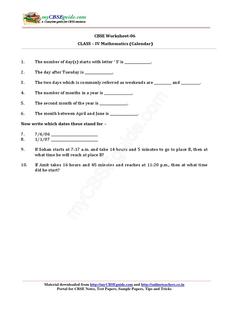 Class 4 Maths: Time & Calendar Worksheet | PDF | Career & Growth