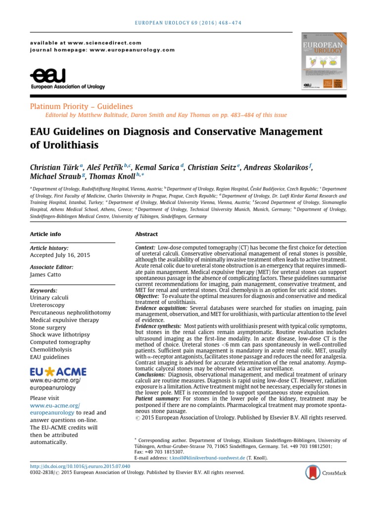 EAU Guidelines On Diagnosis and Conservative Management of Urolithiasis ...