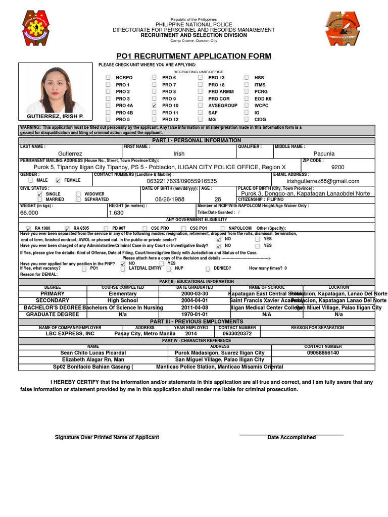 Po1 Recruitment Application Form: Philippine National Police ...