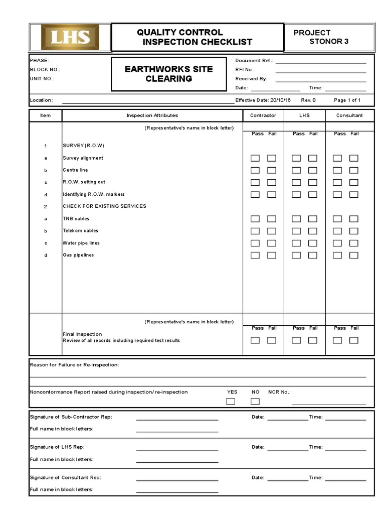 Quality Control Inspection Checklist Earthworks Site Clearing | PDF