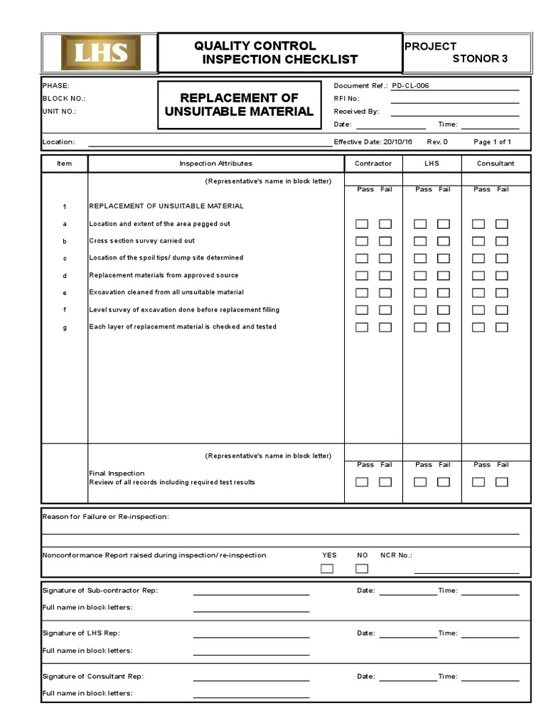 Quality Control Inspection Checklist Replacement of Unsuitable Material ...