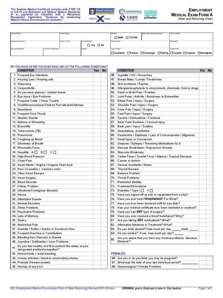 RCL Pre-Employment Medical Exam Forms | PDF | Anatomical Terms Of ...