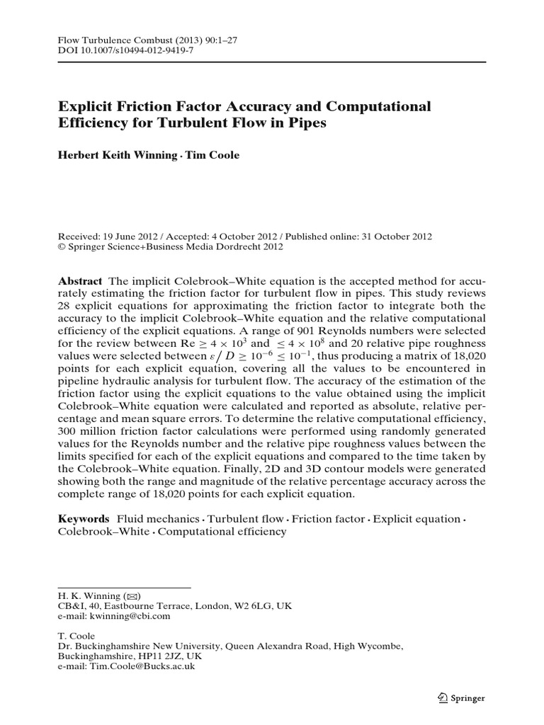 Explicit Friction Factor Accuracy and Computational Efficiency For Turbulent Flow in Pipes | PDF ...