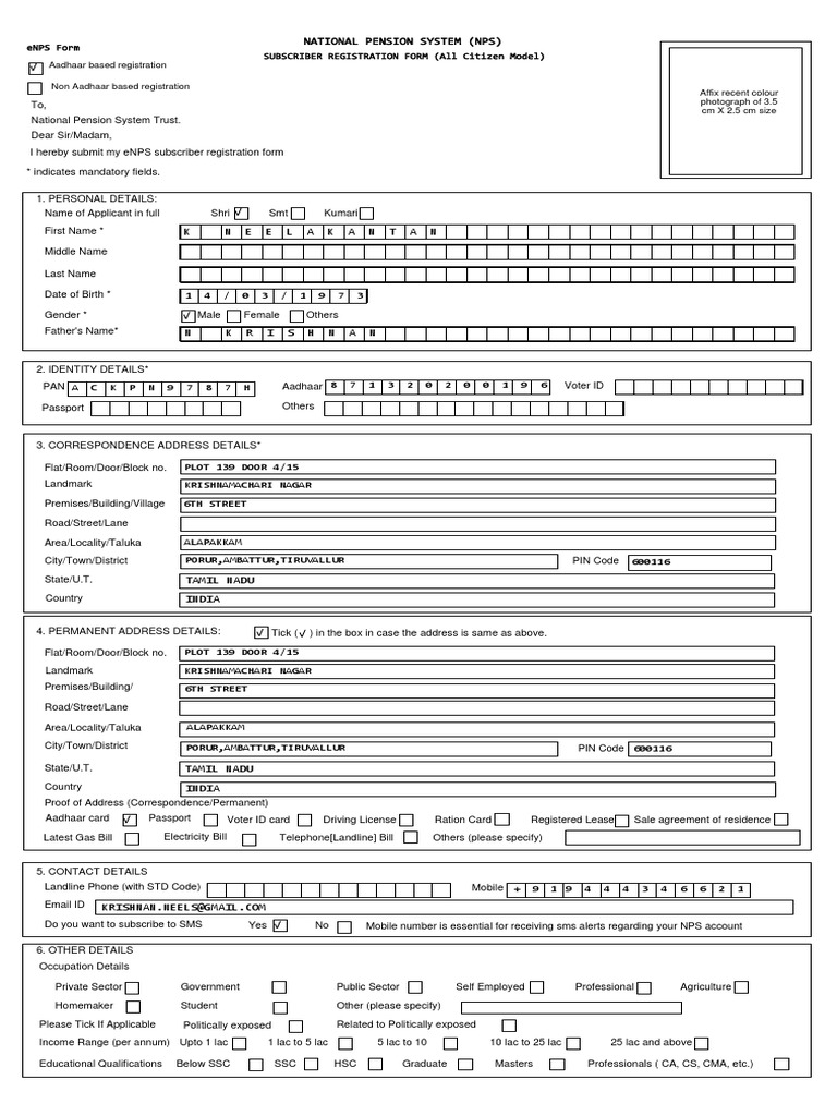 National Pension System (NPS) : Subscriber Registration Form (All ...